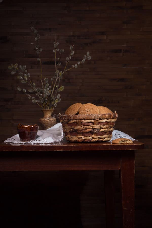Still Life with Cookies in a Basket Stock Photo - Image of bakery ...