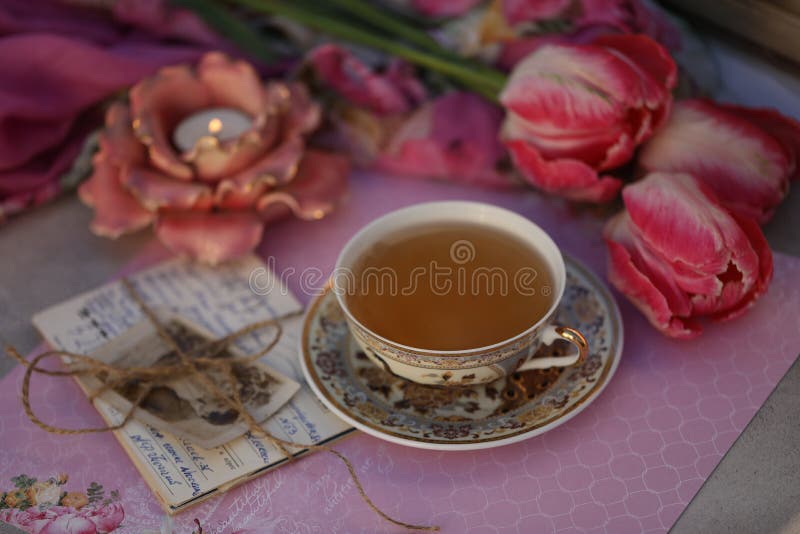 Still Life with Cup of Tea, Candle and Cards Stock Image - Image of ...