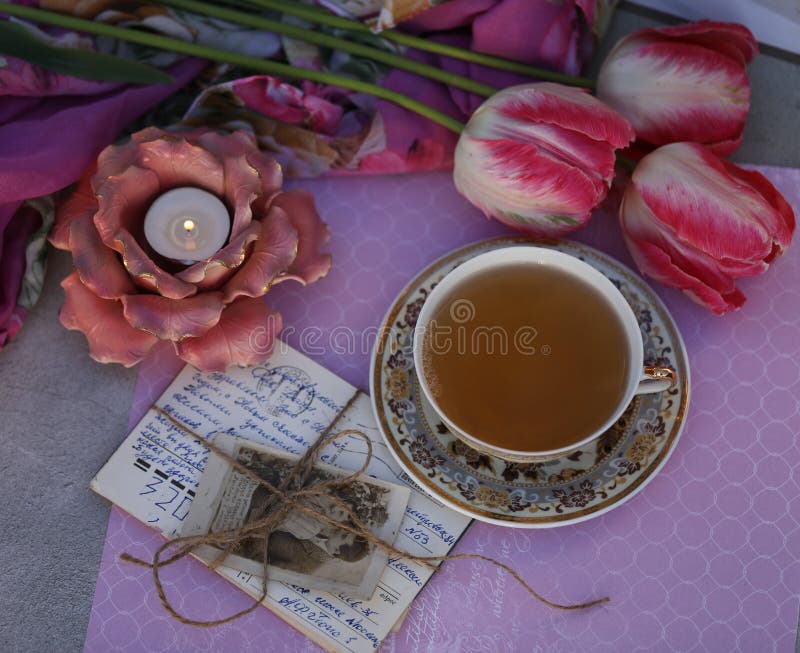 Still Life with Cup of Tea, Candle and Cards Stock Image - Image of ...
