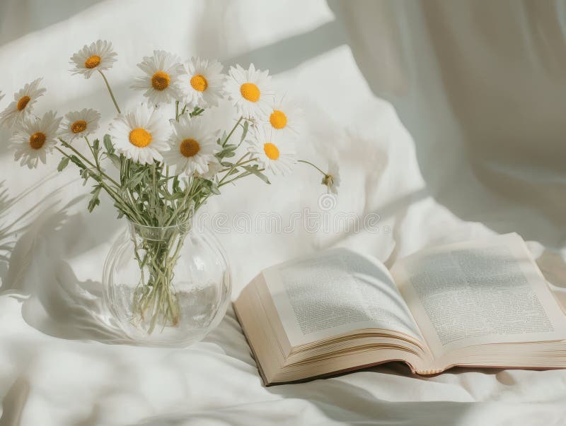 Daisies in a Vase with an Open Book on White Bedding Stock Illustration ...