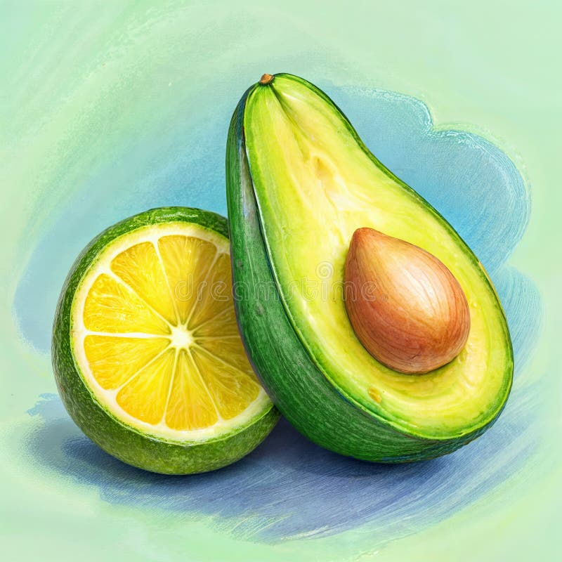 Still Life Depicting Half an Avocado and Lemon Lime on a Blue ...