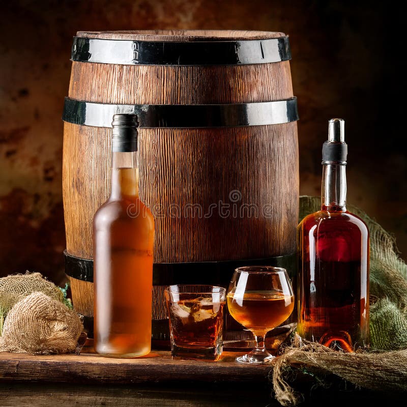 Still Life with Different Alcoholic Drinks and Wooden Barrel. Stock ...