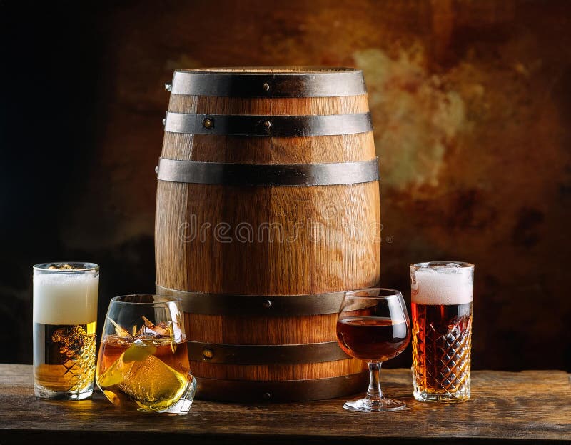 Still Life with Different Alcoholic Drinks and Wooden Barrel. Stock ...