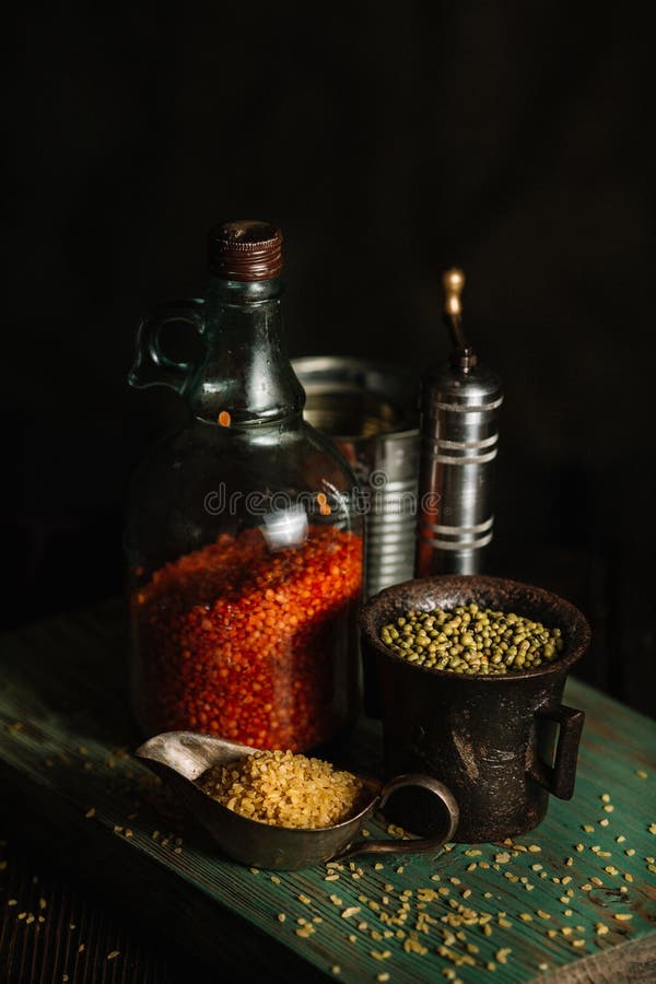 Still Life with Different Containers for Grain Stock Photo - Image of ...