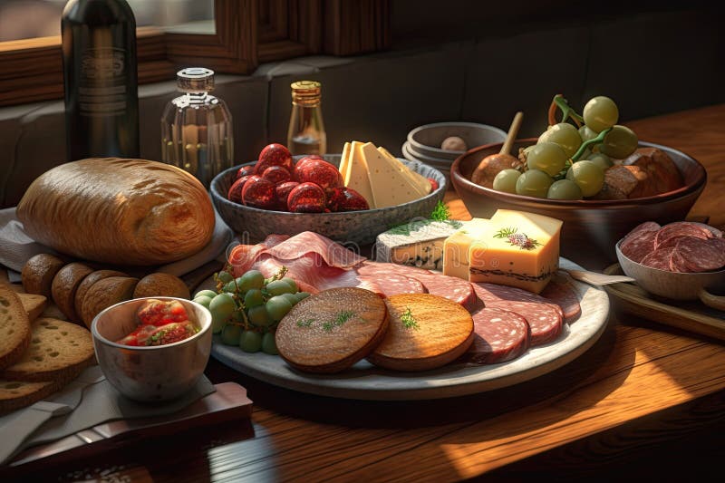Still Life with Different Types of Cheese, Ham, Salami, Grapes and ...