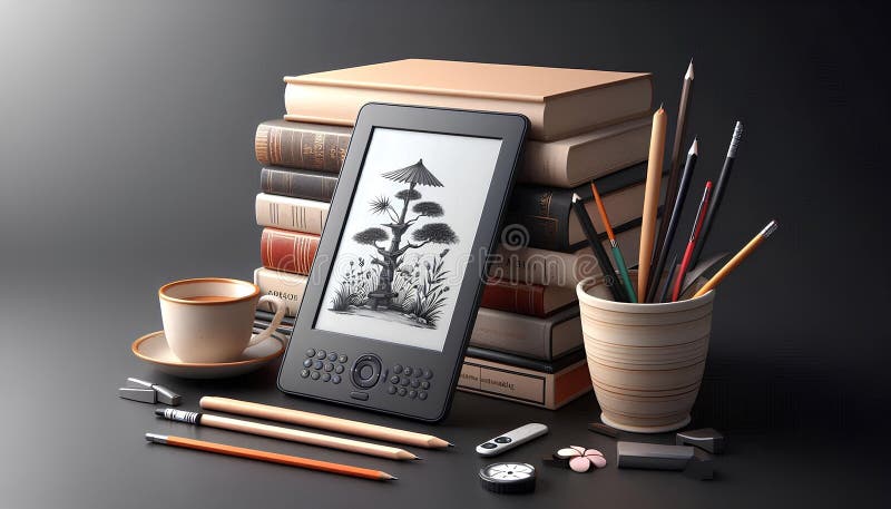 Still Life of an E-reader, Books, Pencils, and a Cup of Coffee on a ...