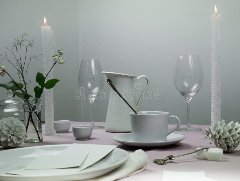 Still Life. Elegant Table Setting. Tablecloth, Candles, Cup, Saucer ...