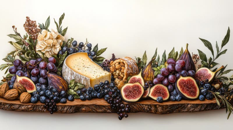 Still Life Featuring Cheese Figs Grapes and Nuts Stock Illustration ...