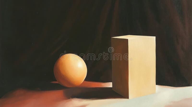 A Still Life Featuring a Sphere and a Rectangular Prism Against a Dark ...