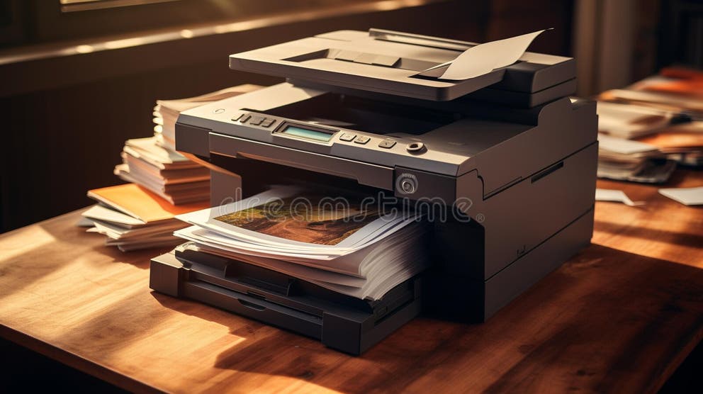 A Still Life Featuring a Stack of Folders, a Printer, and a Scanner on ...