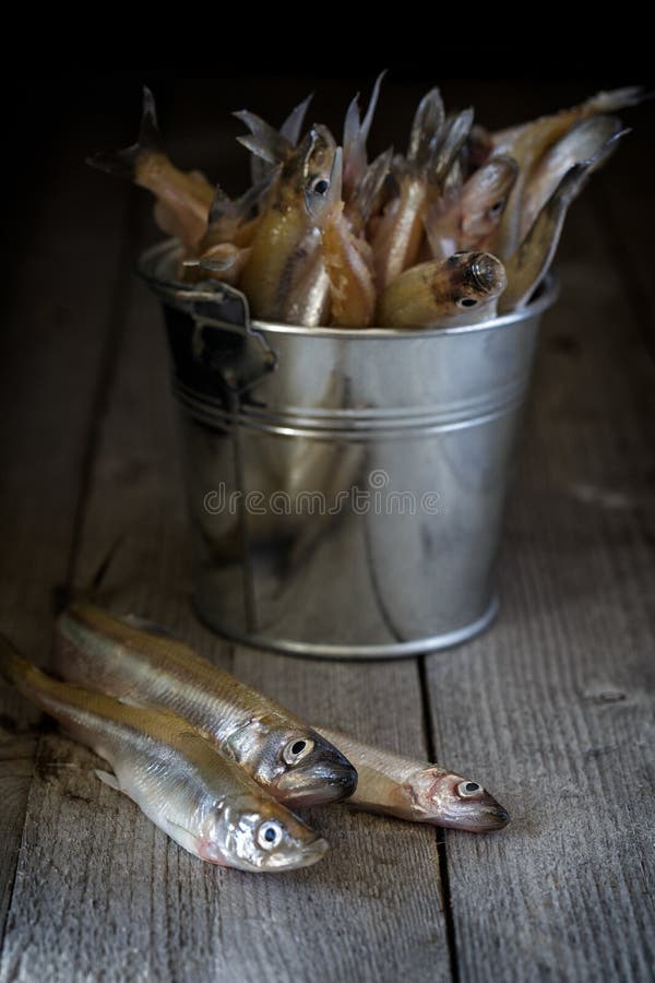 Still Life with Fish and Bucket on a Wooden Table Stock Image - Image ...