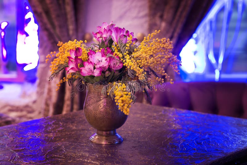 Still Life. Flower in Vase on Table. in Restaurant at Night. Stock ...