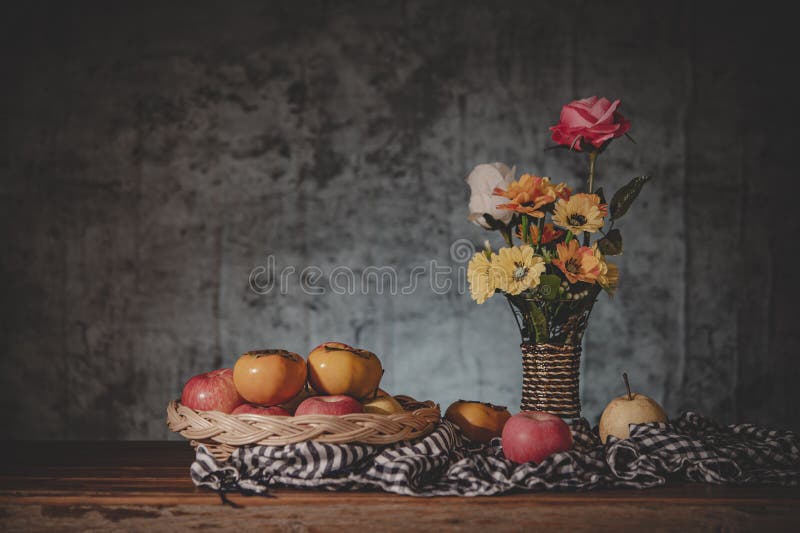 Still Life with Flower Vases and Fruit Baskets Stock Photo - Image of ...