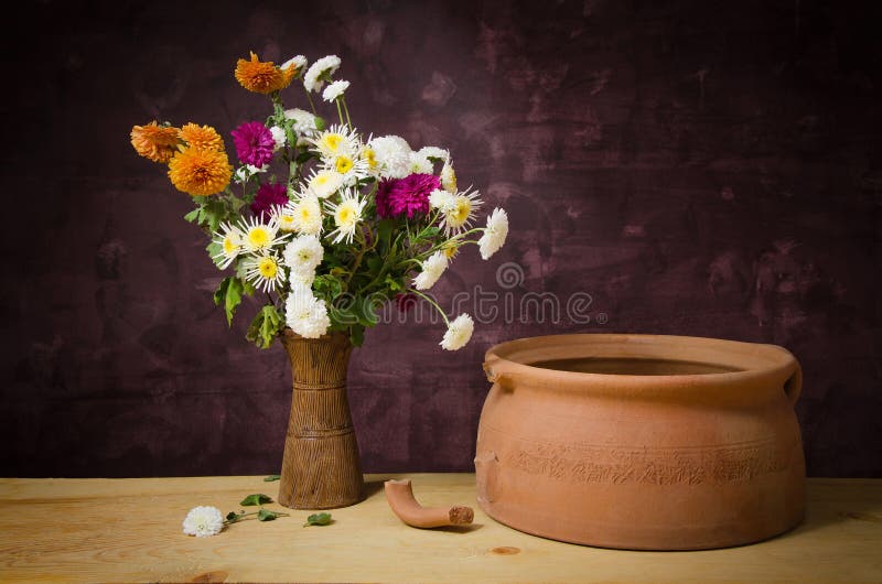 Still Life, Flowers in a Ceramic Vase and a Broken Pot Stock Photo ...