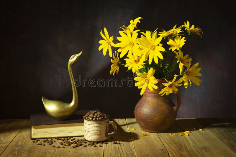 Still Life with Flowers in a Vase and a Figure of a Swan Stock Image ...