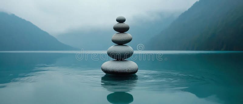 A Still Life of Four Stacked Stones in a Lake, with Mountains in the ...
