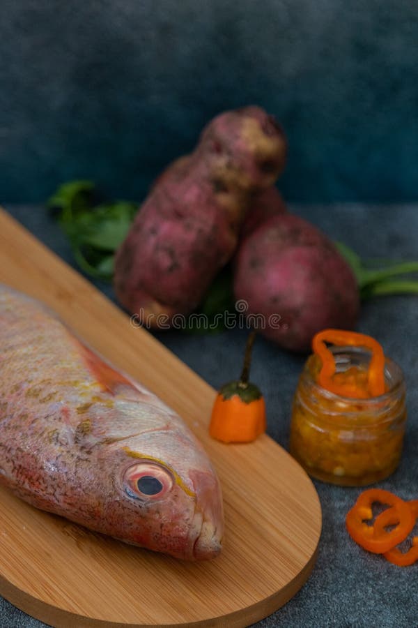 Still Life with Fresh Fish and Ingredients for Cooking Stock Image ...