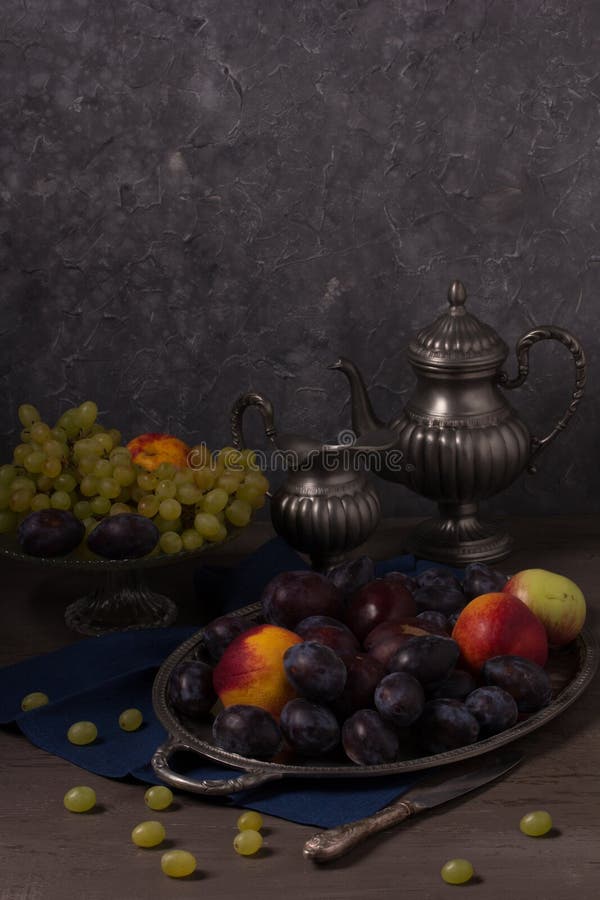 Still Life with Fresh Fruit and Antique Dishes Stock Image - Image of ...