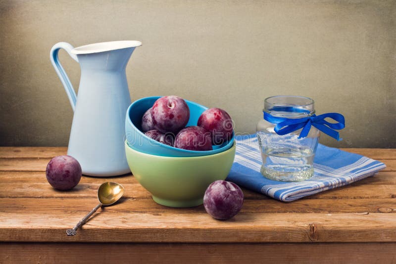 Still Life with Black Plums in a Basket Stock Image - Image of plums ...