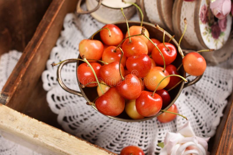Still Life of Fresh Sweet Cherries in Rustic Style Top View Stock Image ...