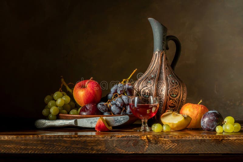 Still Life with Fruit in a Classic Style Stock Image - Image of wine ...
