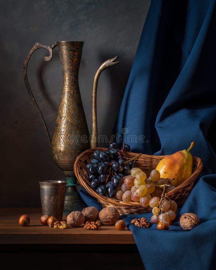 Still Life with Fruit, Wine and Drapery Stock Photo - Image of beauty ...