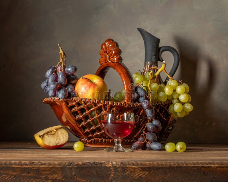 Still Life with Fruits in Dark Colors Stock Illustration - Illustration ...