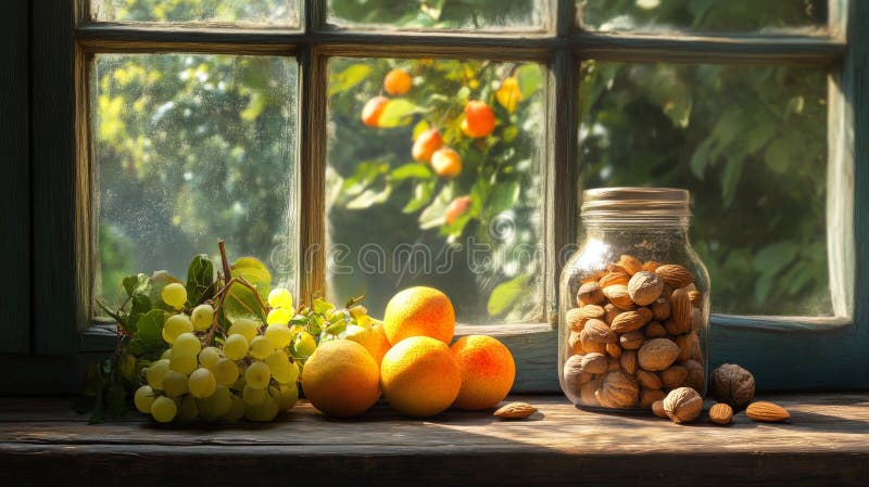 A Still Life of Fruits, Nuts, and a Window with a View Stock ...