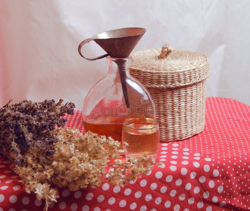 Still Life with Funnel and Tincture Stock Photo - Image of basket ...
