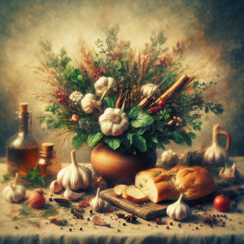 Still Life with Garlic, Bread, and Herbs. Rustic Kitchen Setting Stock ...