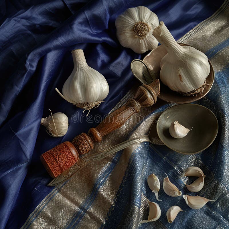 Still Life of Garlic Bulbs and Cloves on Blue Fabric Stock Illustration ...