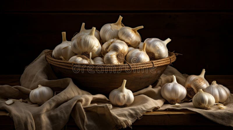 Still Life with Garlic Bulbs in a Rustic Wooden Bowl. Generative AI ...