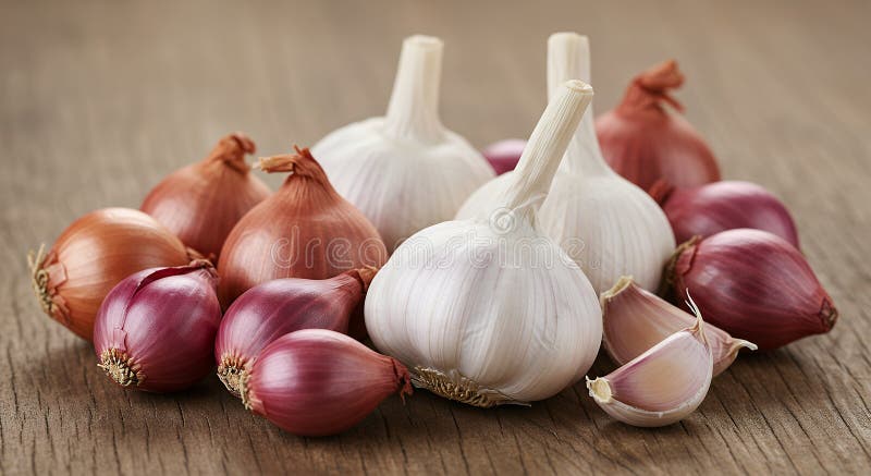 Still Life with Garlic, Shallots, and Onions on a Wooden Table Stock ...