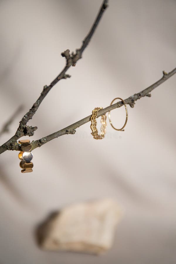 Still Life with Golden Rings Over Beige Background. Stock Photo - Image ...