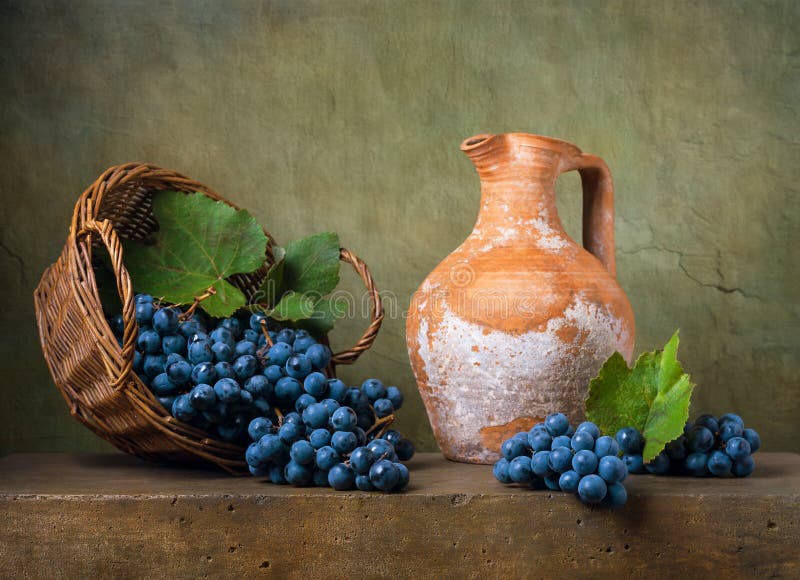 Still Life with Grapes on a Basket Stock Image - Image of product ...