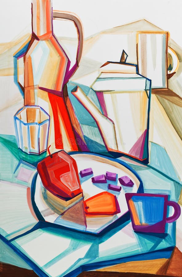 Still life on green cloth stock illustration. Illustration of plates ...