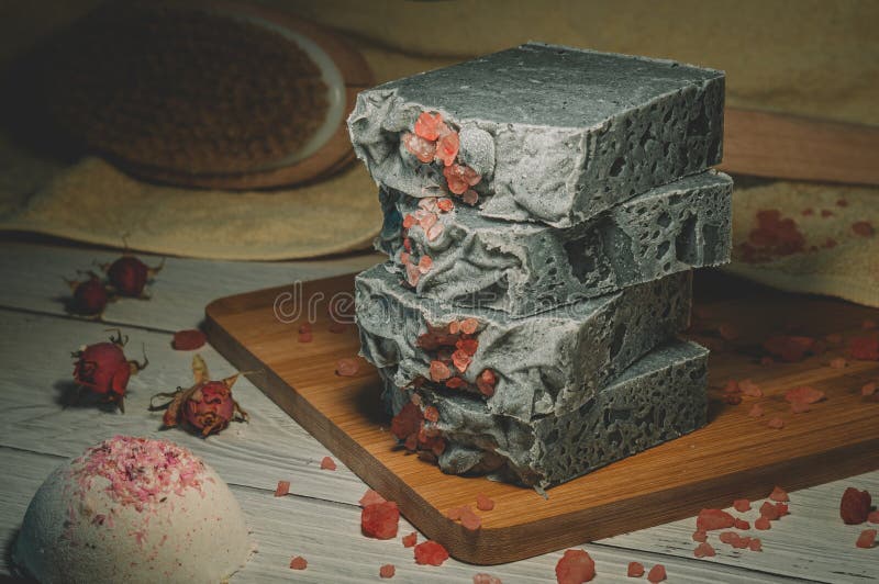 Still Life of a Handmade Soap Stack on a Wooden Board. Focus on the ...