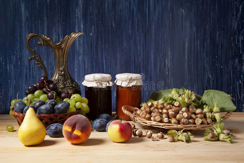 Still Life, Hazelnuts, Jam and Various Fruits Stock Image - Image of ...