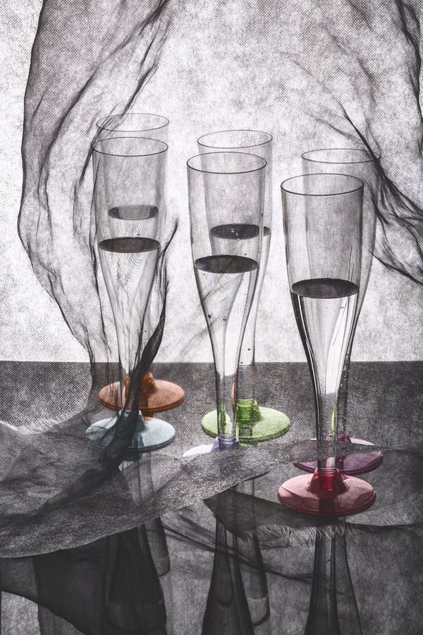 Still Life with High Glasses and Transparent Cloth. Stock Image - Image ...