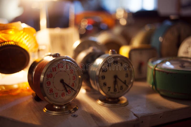 Still Life, Hours-alarm Clocks on the Table. Many Different Alarms, a ...