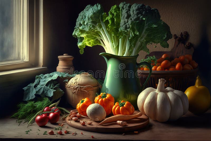 A Still Life Illustration of Different Types of Vegetables Lying on a ...