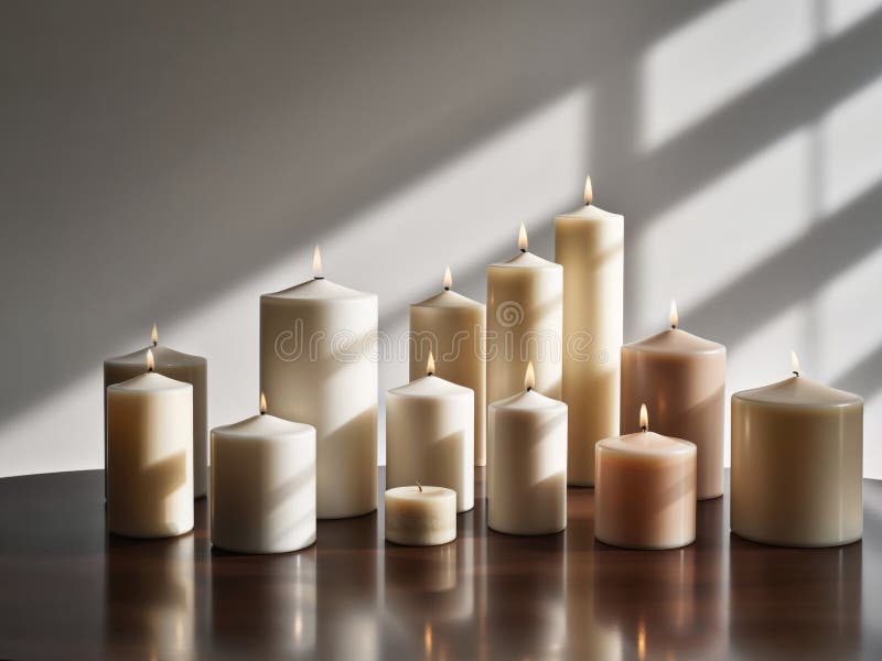 A Bunch of Candles with a Lit Candle in the Middle Stock Photo - Image ...
