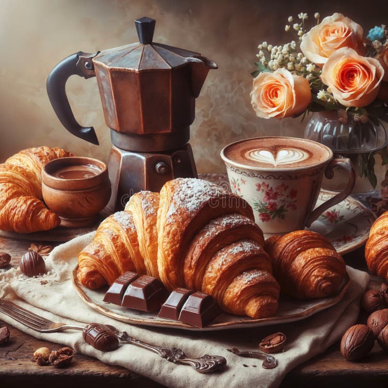A Still Life Image Featuring Croissants, Coffee and Chocolate Stock ...