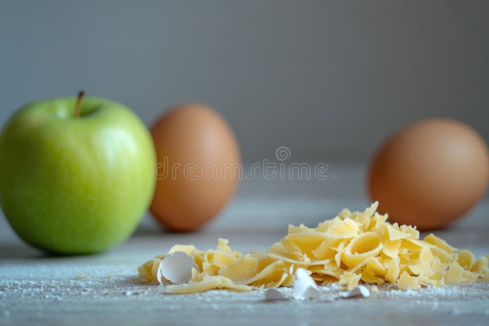 A Still Life Image Featuring a Pile of Pasta, an Apple, and Eggs Stock ...