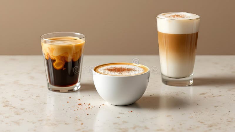 Three Different Coffee Drinks: Iced Coffee, Cappuccino, and Latte on ...