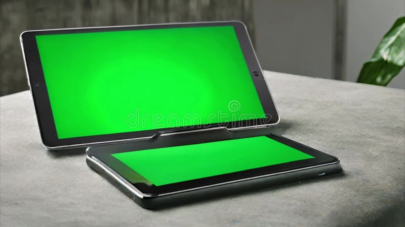 Two Tablets with Green Screen on a Gray Surface Stock Footage - Video ...