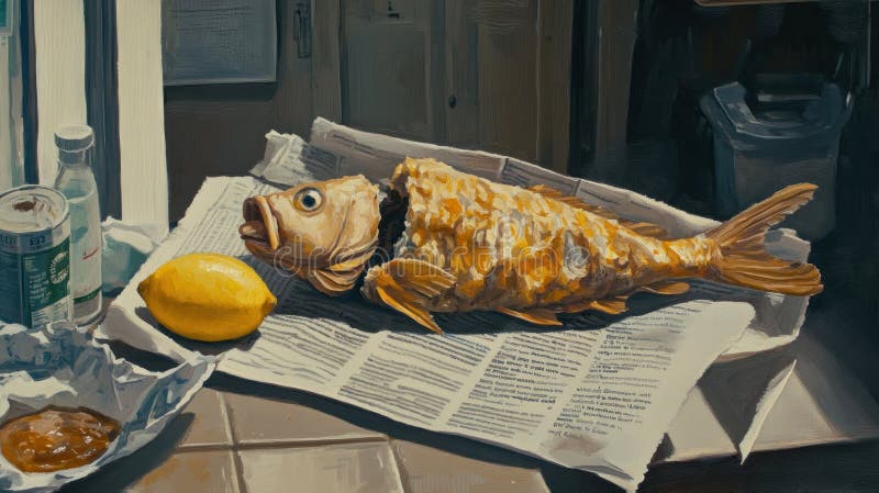 A Still Life Image of a Fried Fish Lemon and Newspaper on a Tiled ...