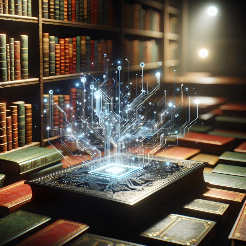 A Still Life Image of Antique Books with a Glowing Digital Circuit ...