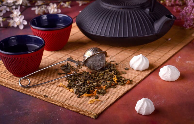 Still Life with Japanese Tea Set and Flowers Stock Photo - Image of ...