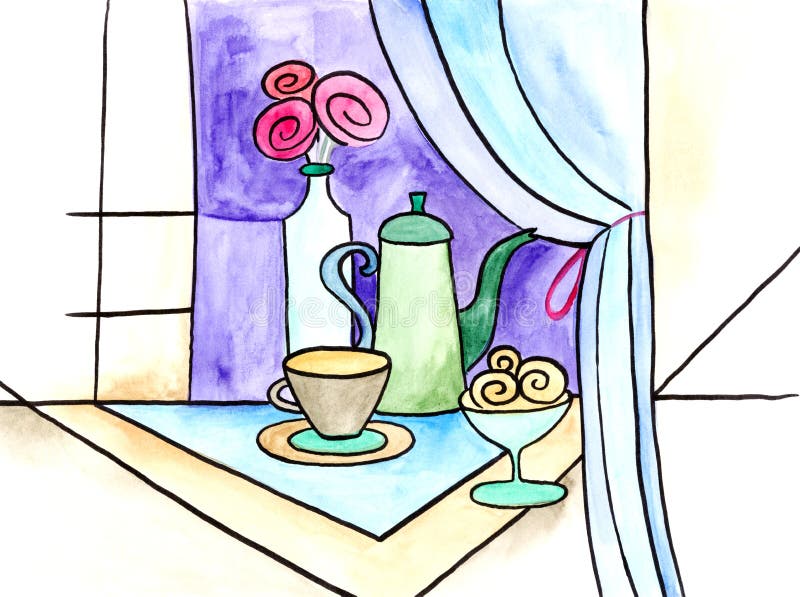 Still Life with Jug, Bottle, Cap and Vase Stock Illustration ...